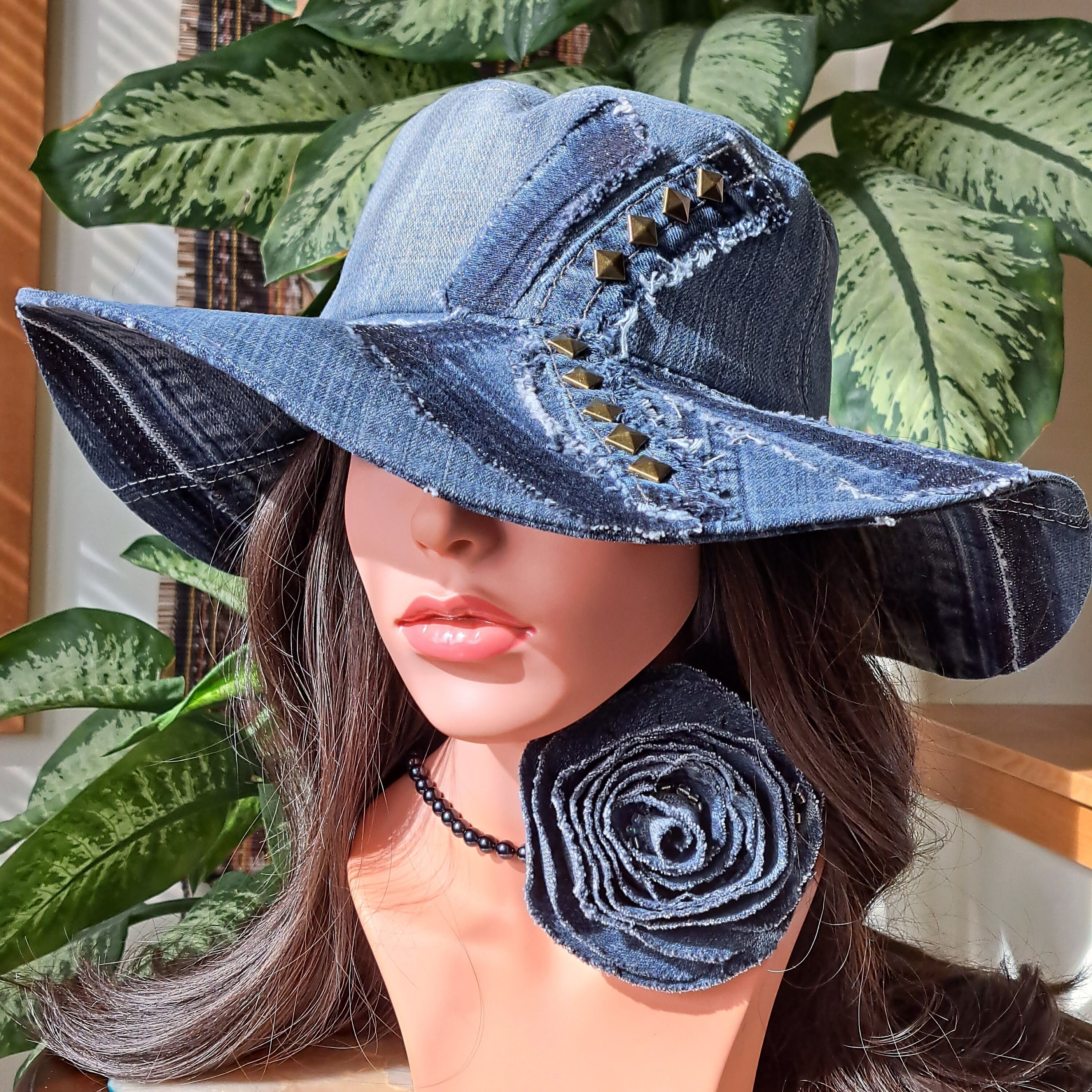 Denim Sun Hat With Unique Patchwork Embroidery and Rivets - Etsy