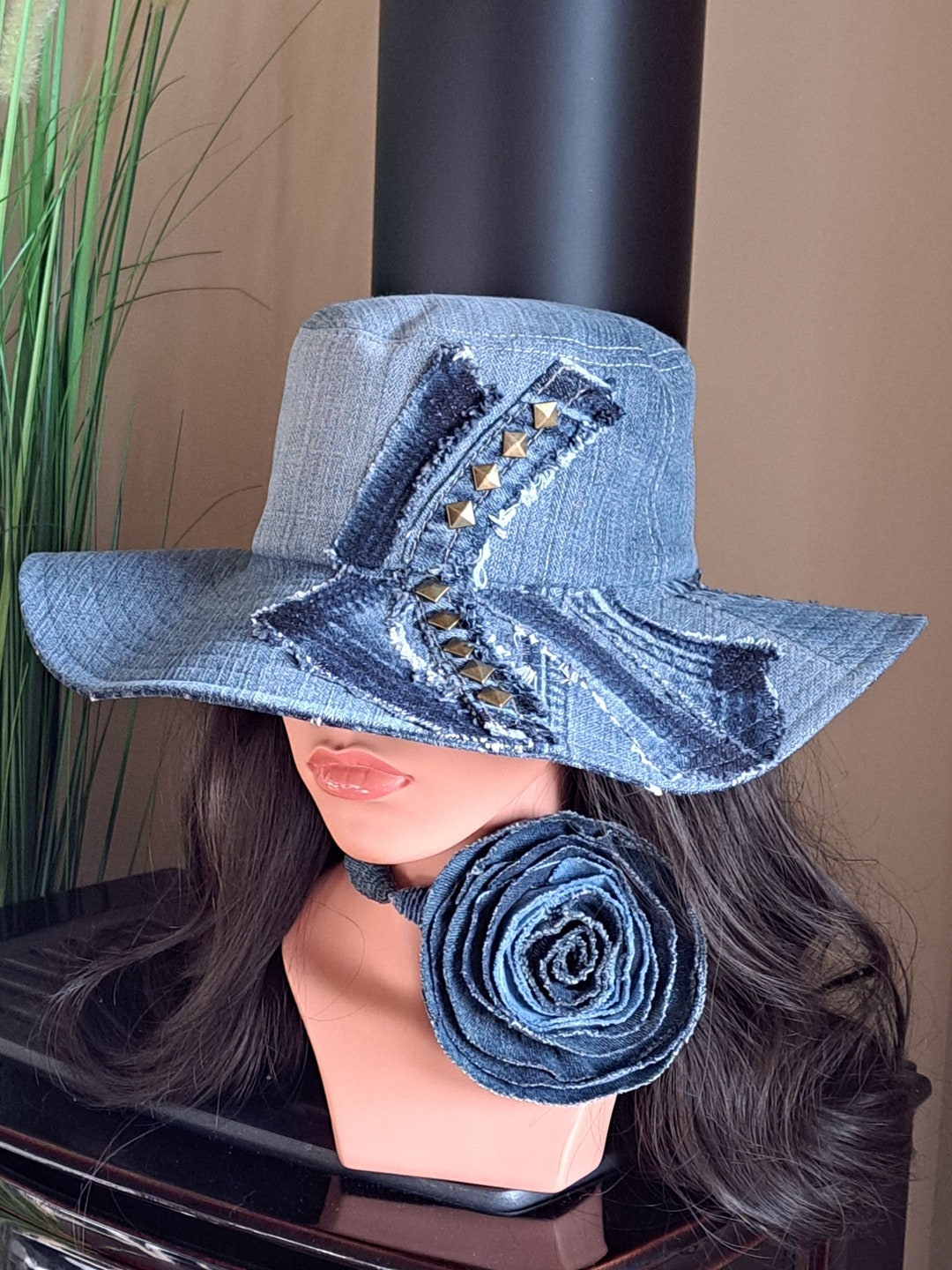 Denim Sun Hat With Unique Patchwork, Embroidery and Rivets /see More ...
