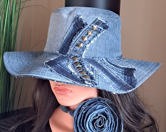 Denim Sun Hat With Unique Patchwork, Embroidery and Rivets /see More ...