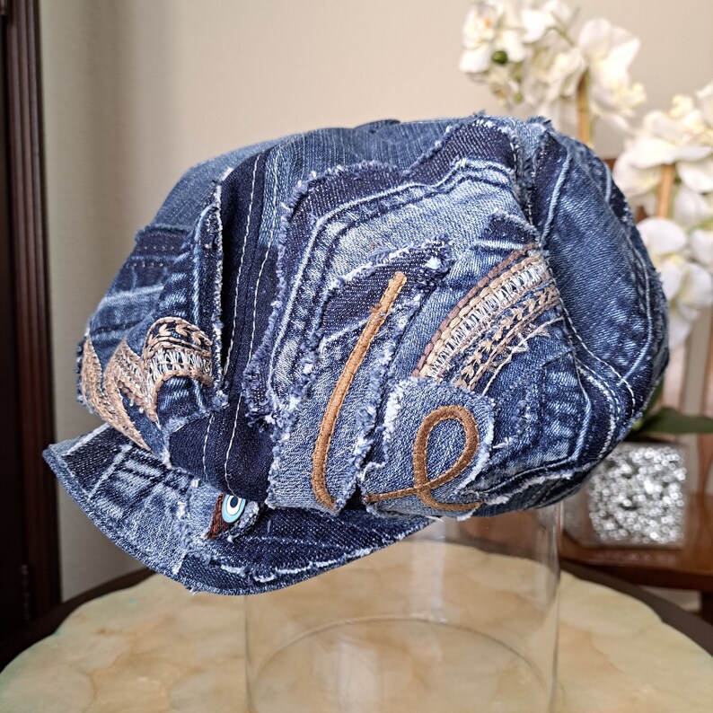 Upcycled Denim 23"/58cm Newsboy Hat With Patchwork and Embroidery ...