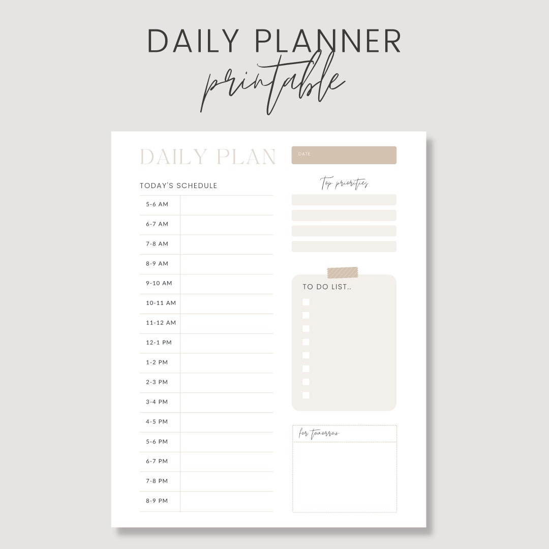Daily Planner Printable, Hourly Schedule, Minimal & Simple, Neutral ...