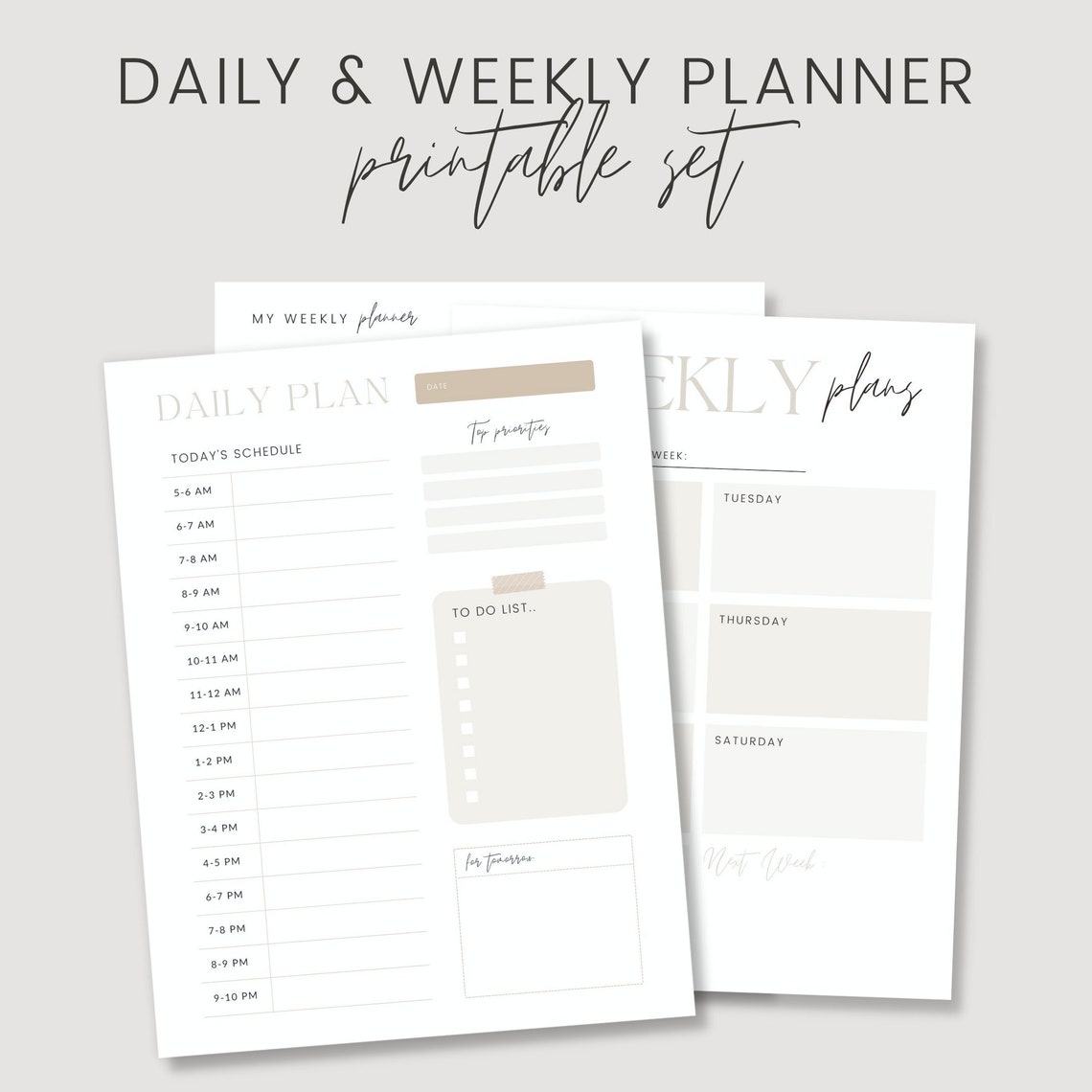 Daily and Weekly Planner Printable Set, Minimal & Simple, Neutral ...