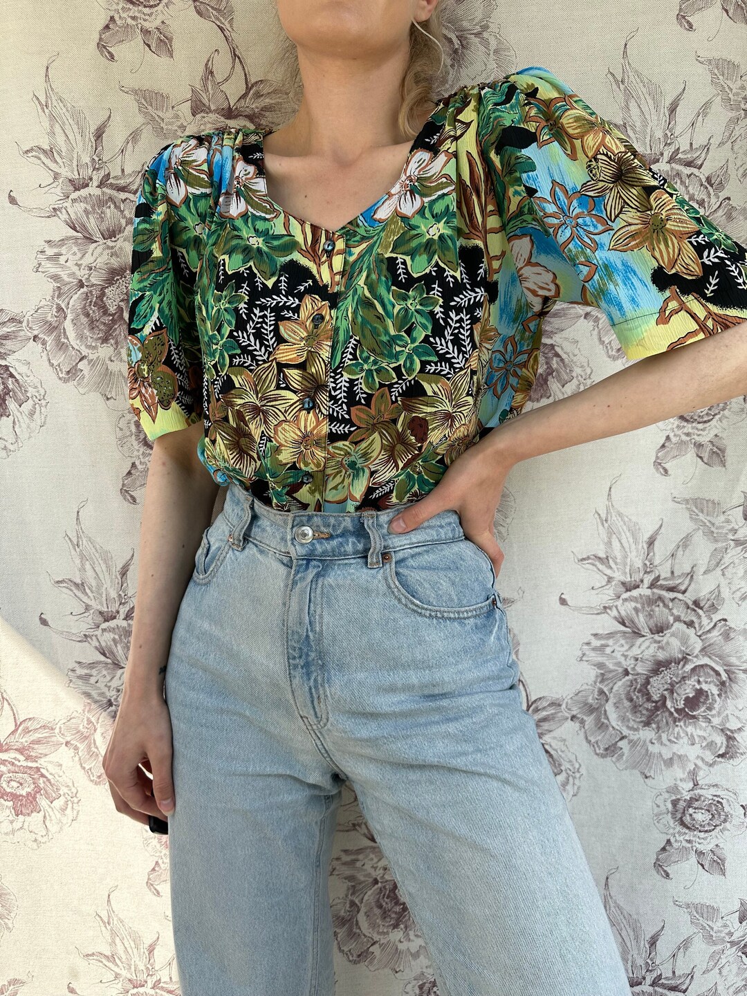 Vintage Green and Blue Floral Print Blouse, Women's Shirt With Half ...