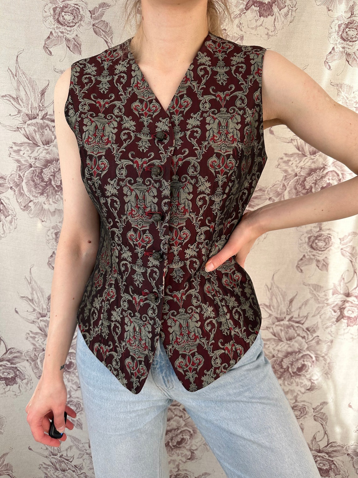 Vintage Dark Red Vest With Ornament Print, Women’s 90s Vest - Etsy