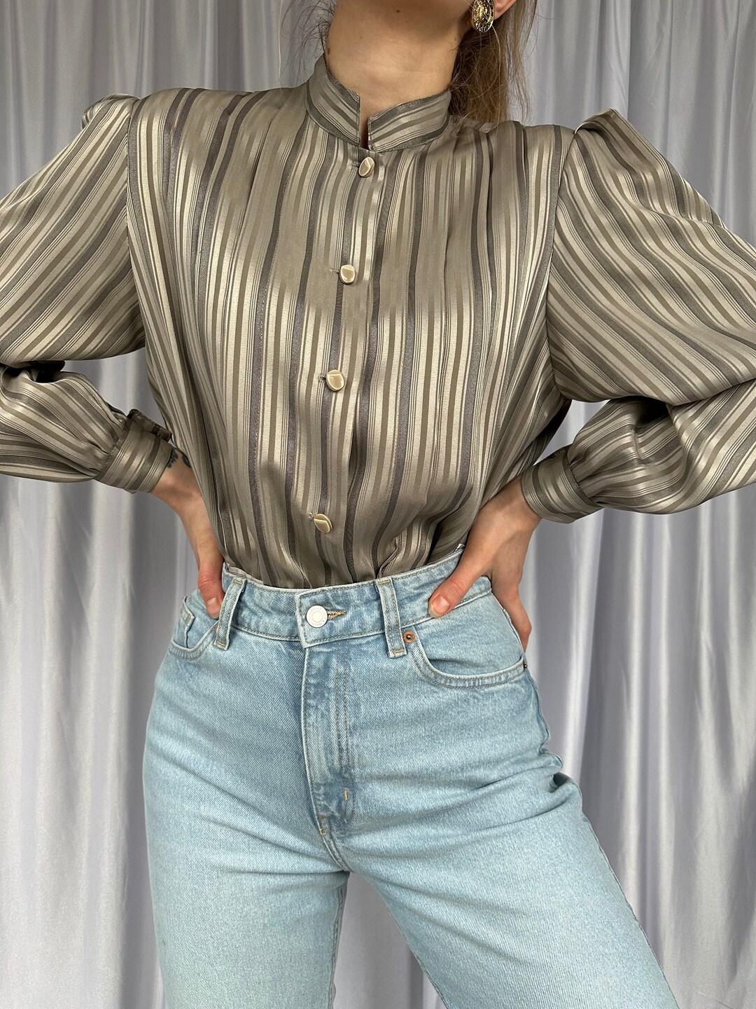 Vintage Grey Striped Satin Blouse With Puffed Sleeves, Elegant Women's ...