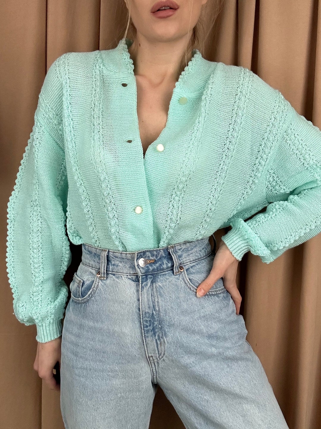 Vintage Turquoise Color Cardigan, Light Knitted Cardigan With Bishop Sleeves - Etsy
