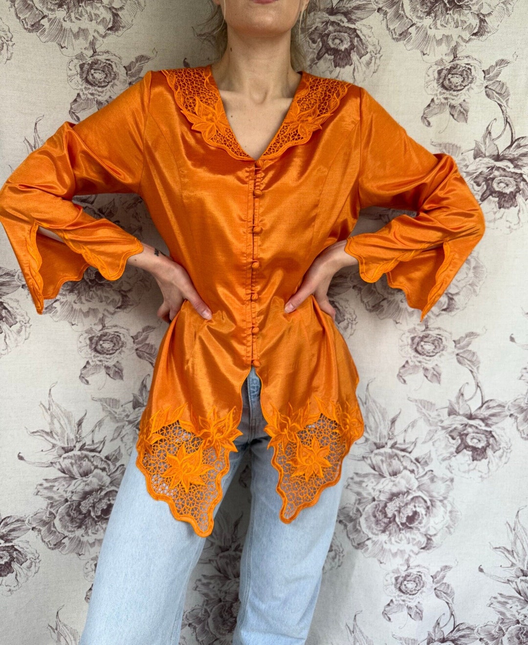 Vintage Orange Satin Blouse, Bright Orange Lace Shirt - Etsy
