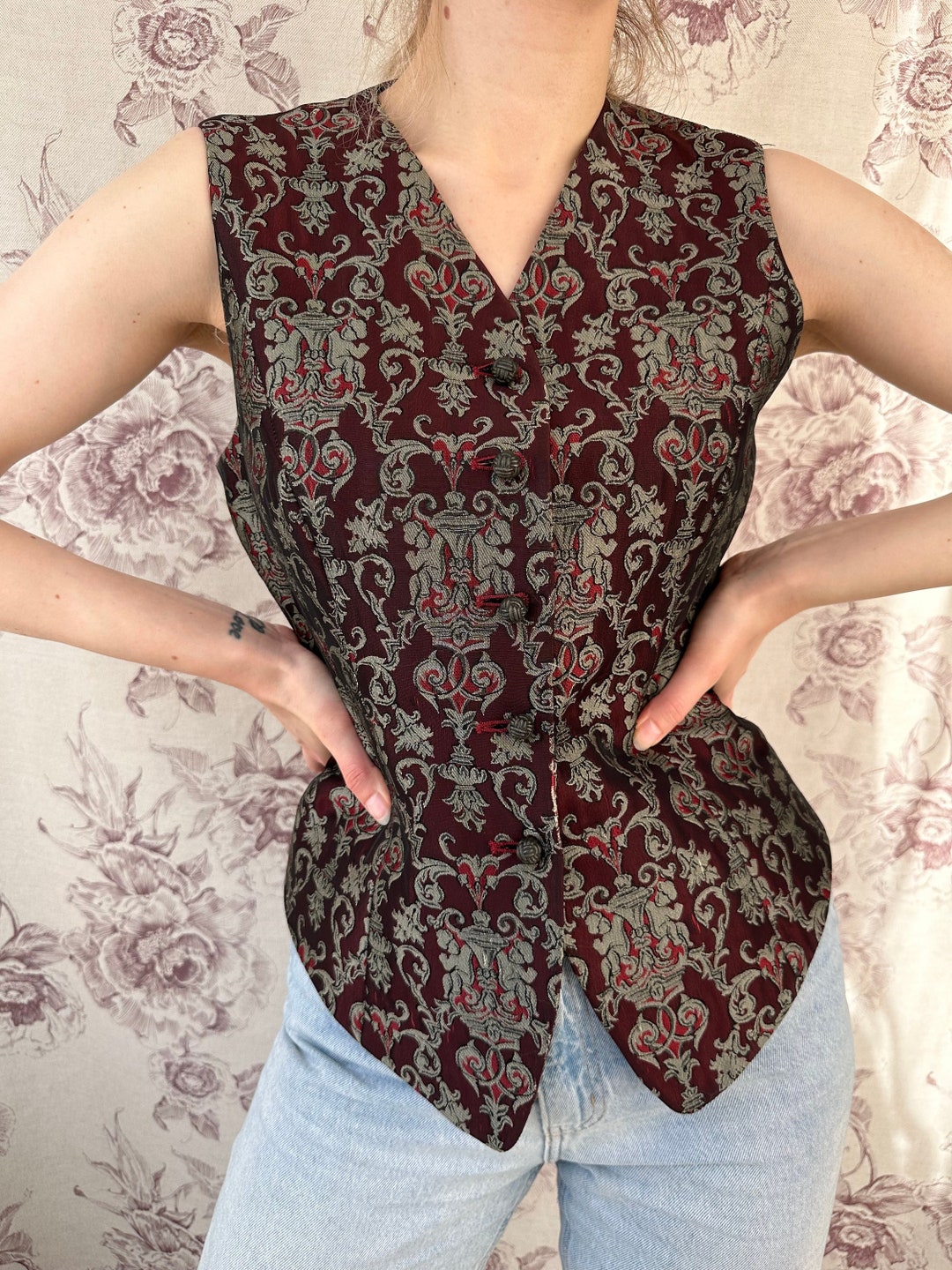 Vintage Dark Red Vest With Ornament Print, Women’s 90s Vest - Etsy