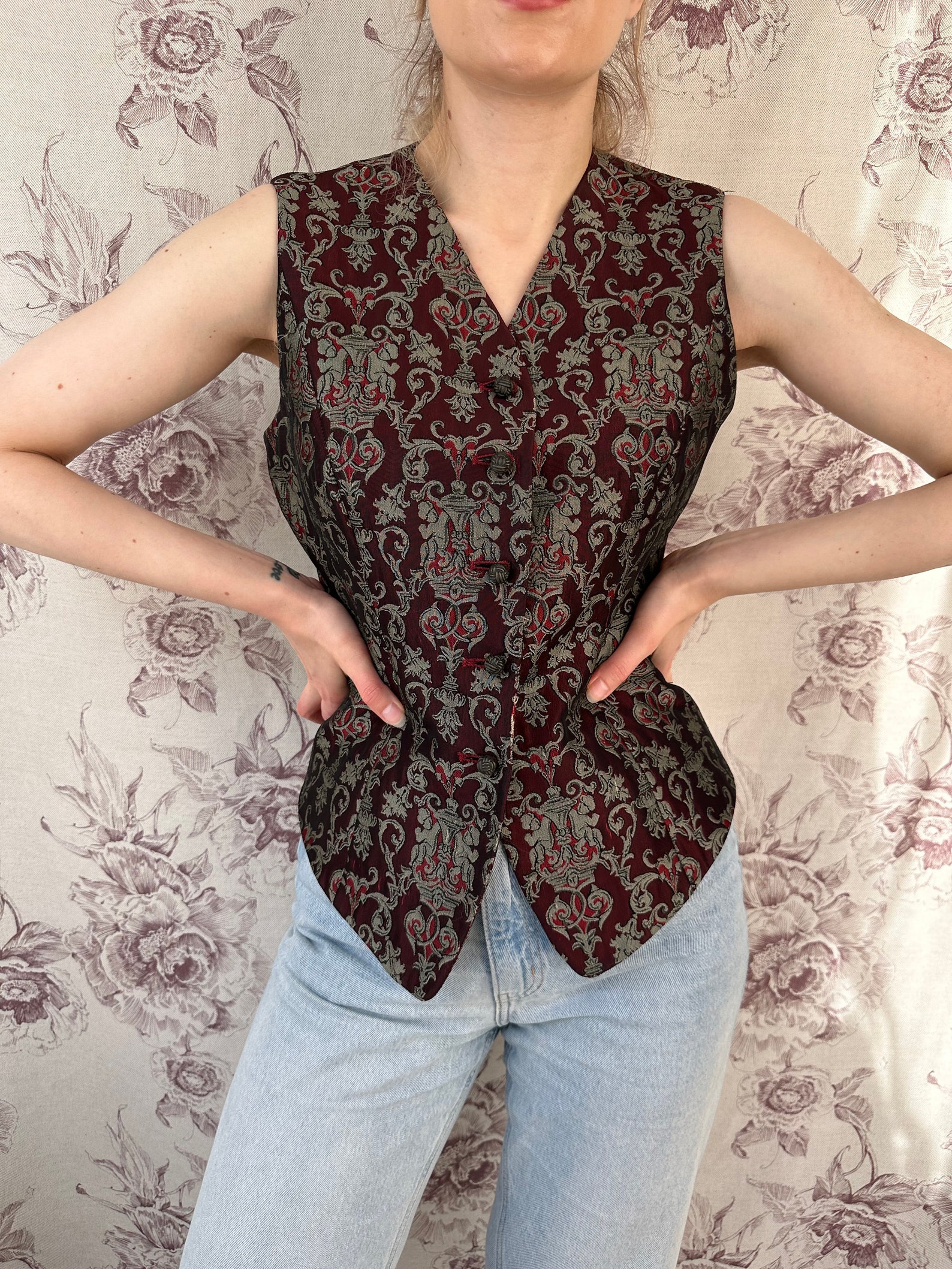 Vintage Dark Red Vest With Ornament Print, Women’s 90s Vest - Etsy