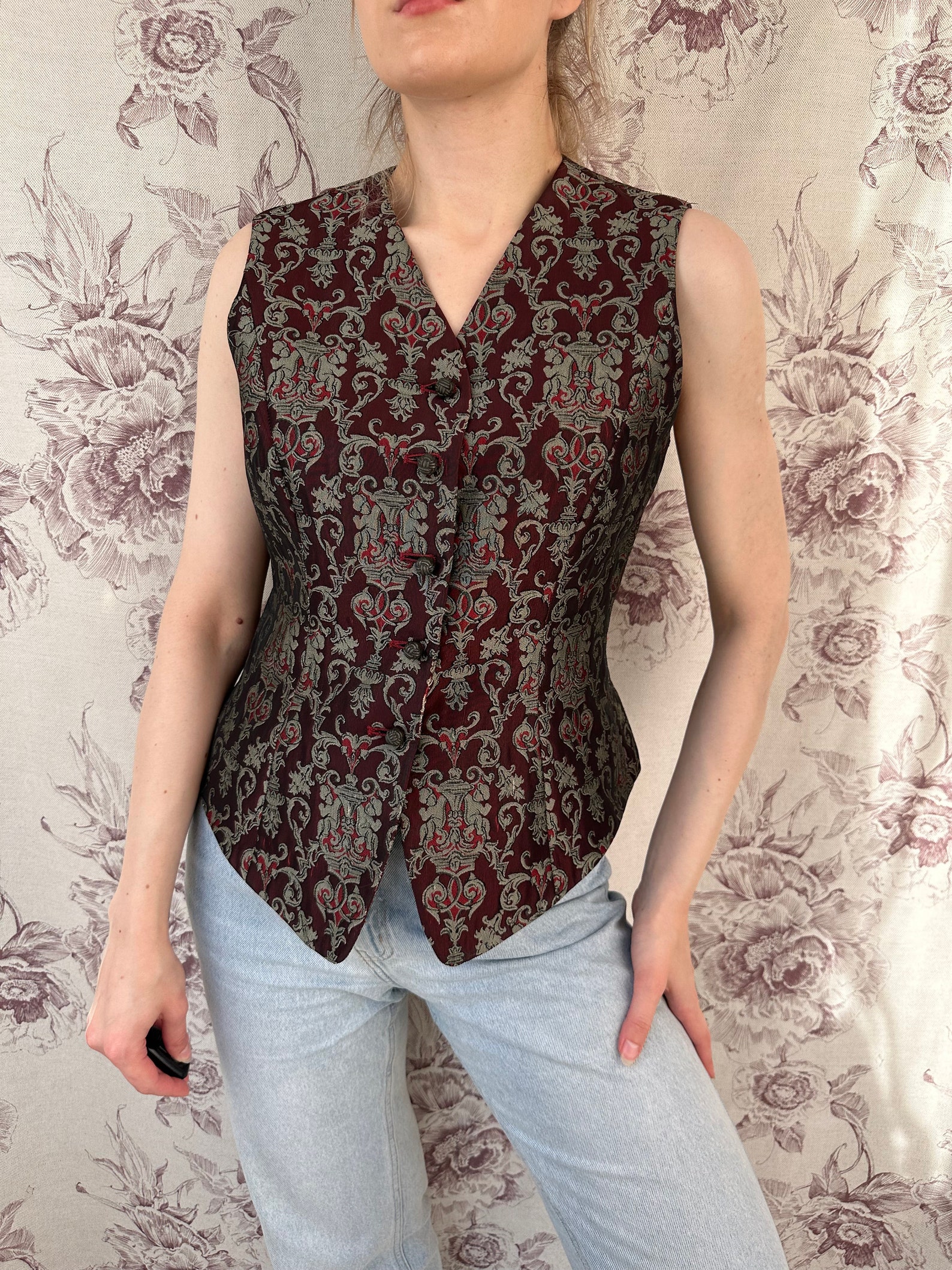 Vintage Dark Red Vest With Ornament Print, Women’s 90s Vest - Etsy