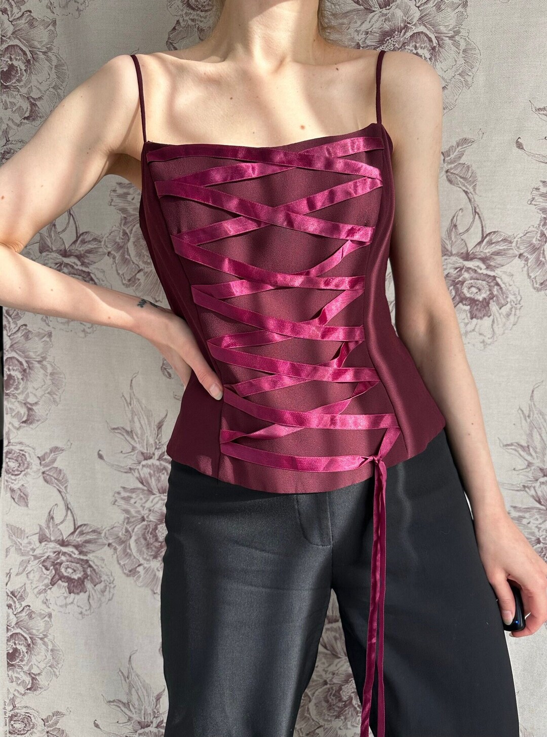 Vintage Burgundy Sleeveless Top With Lace up Detail - Etsy