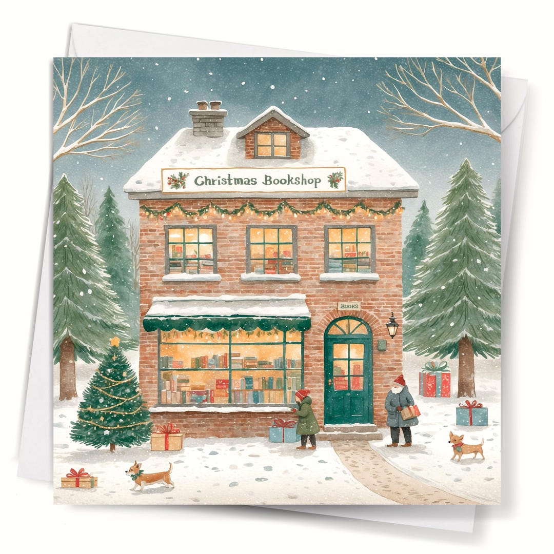 Christmas Card | Festive Bookshop Design | Holiday Greeting Card - Etsy