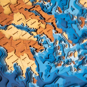 Bathymetric Wooden Map of Greece, Layered Map 50x50x3,5 Cm, Handmade ...