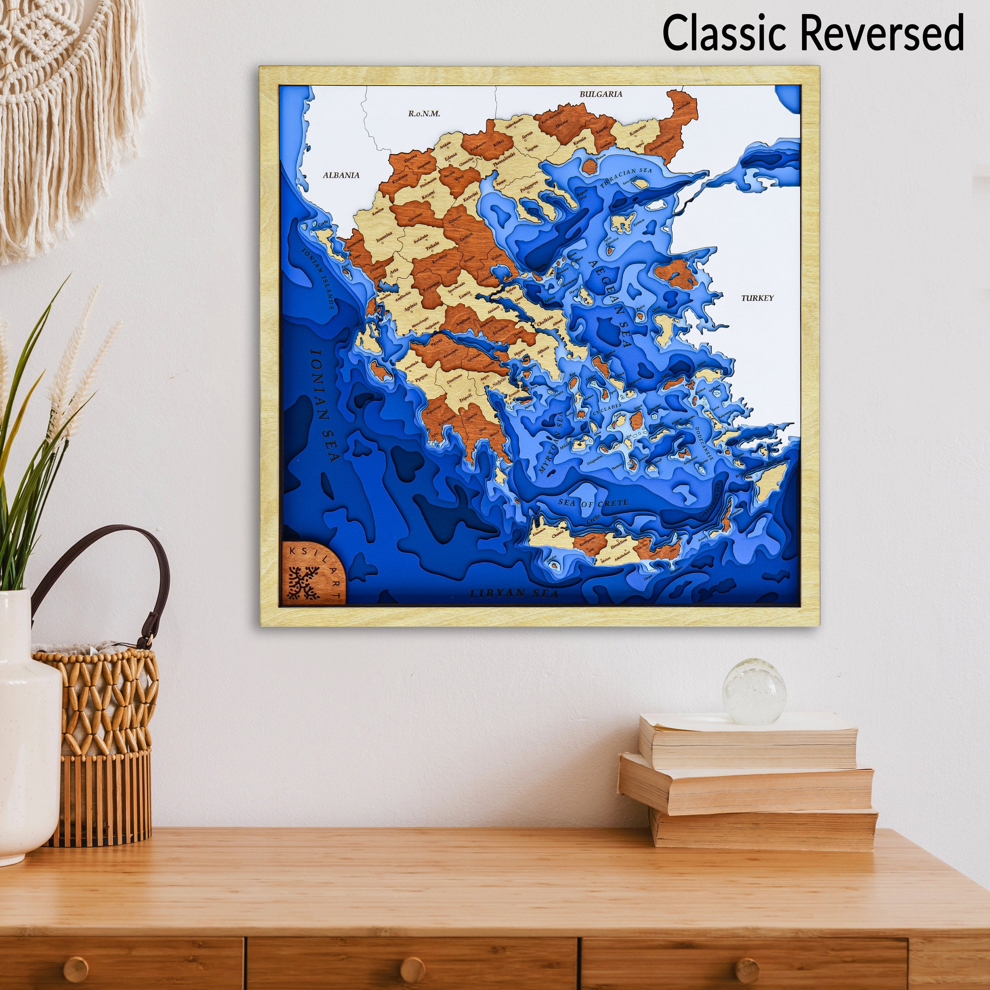 Bathymetric Wooden Map of Greece, Layered Map 50x50x3,5 Cm, Handmade ...