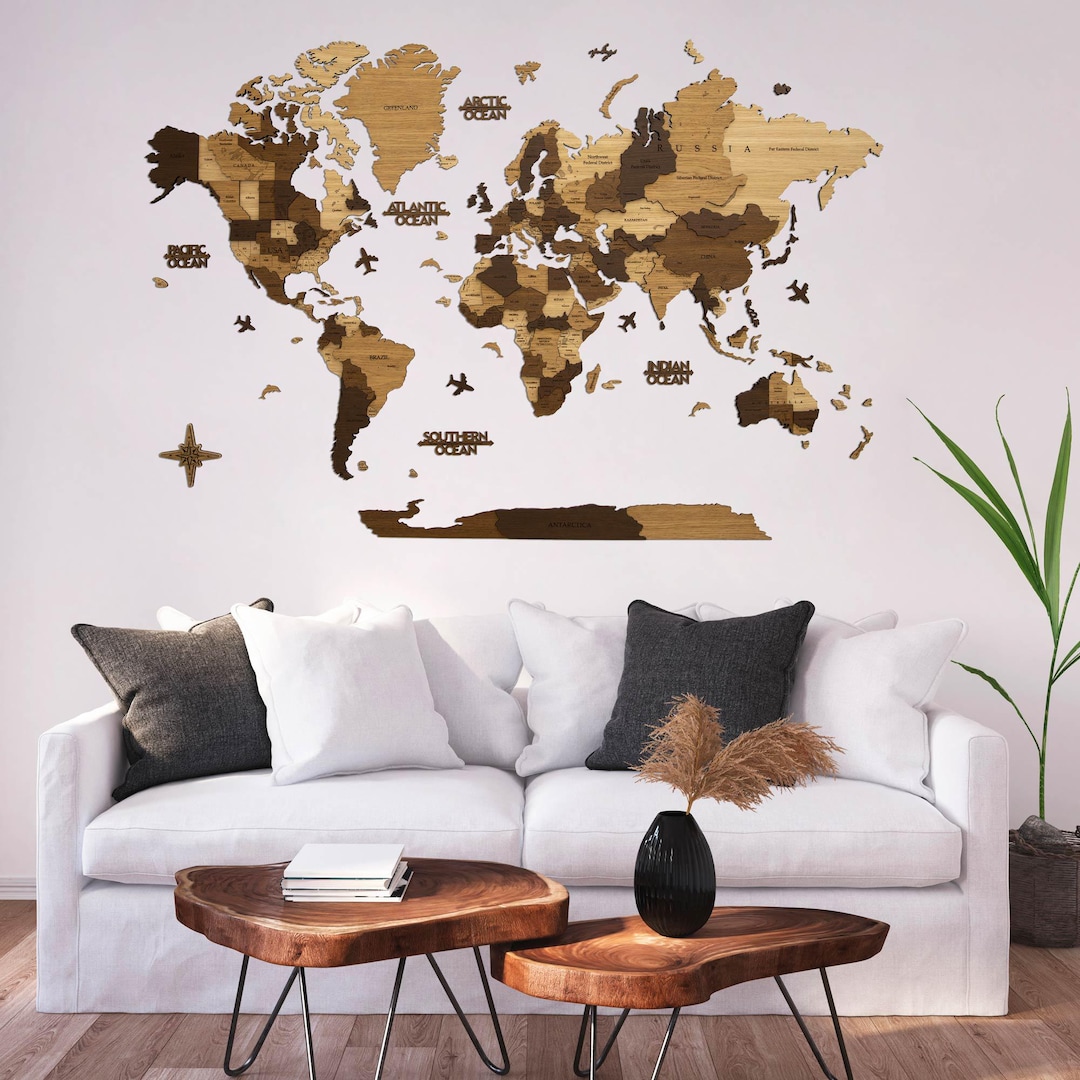 Wooden World Map in MDF With Oak Veneer - Rustic Wall Art, Handmade ...