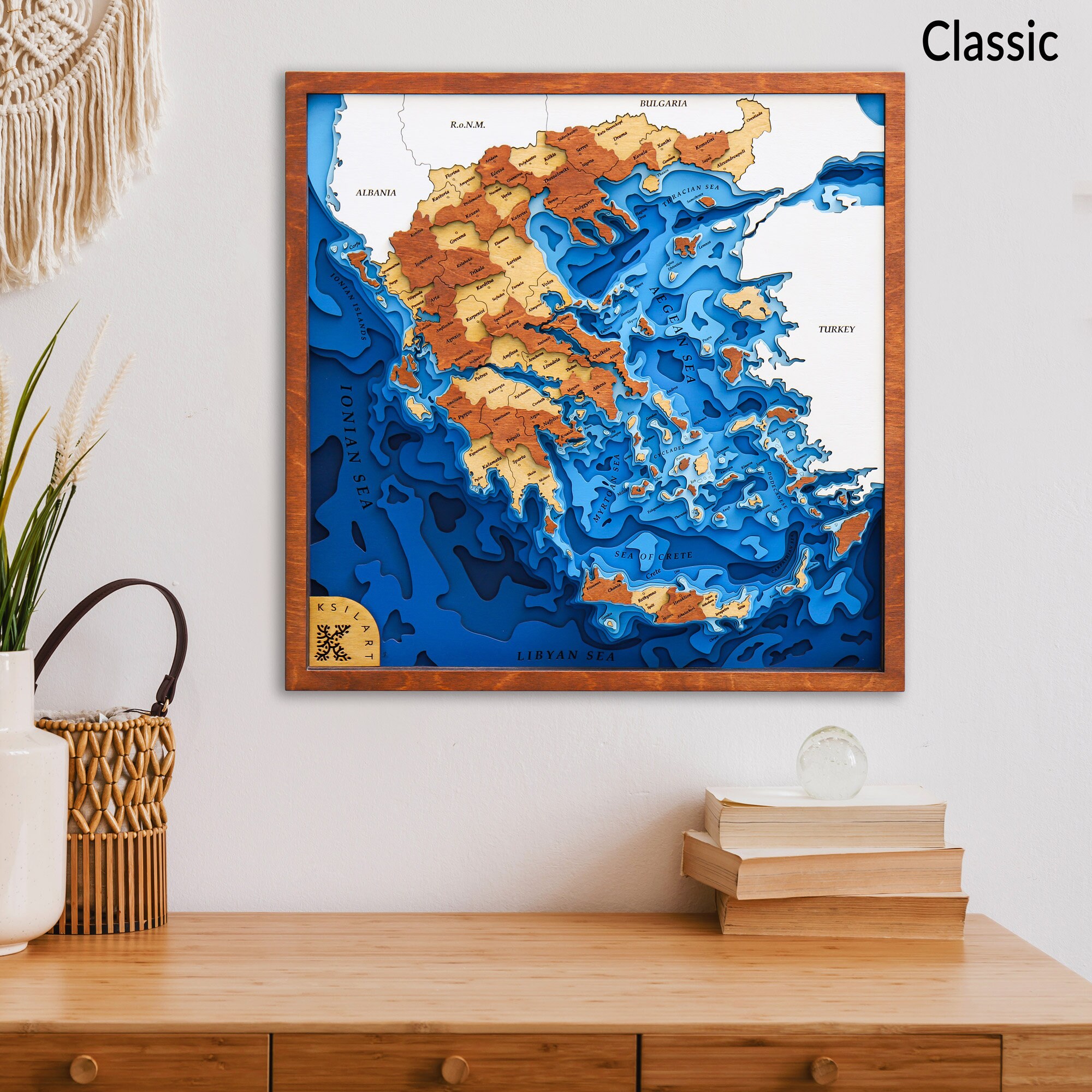 Bathymetric Wooden Map of Greece, Layered Map 50x50x3,5 Cm, Handmade ...