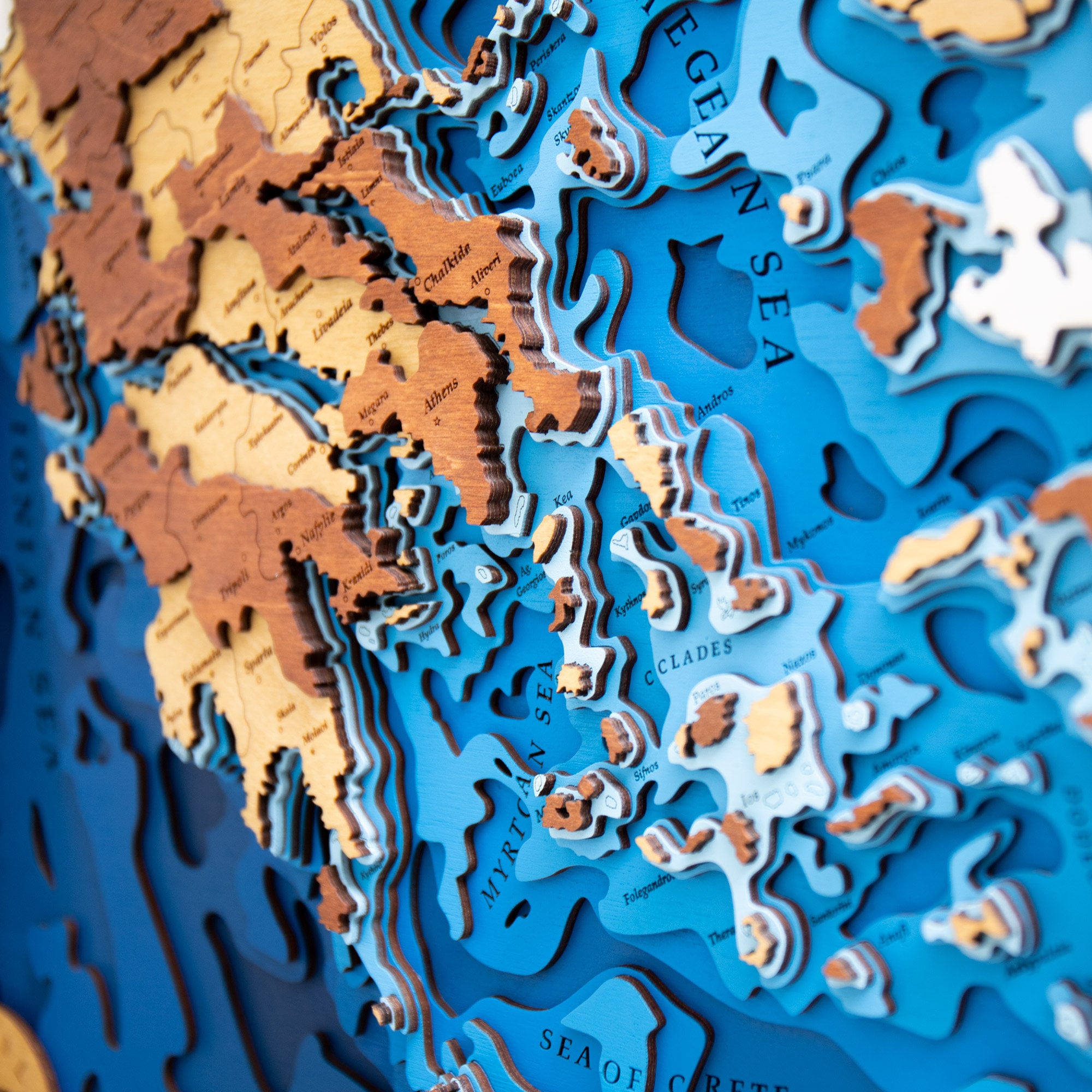Bathymetric Wooden Map of Greece, Layered Map 50x50x3,5 Cm, Handmade ...
