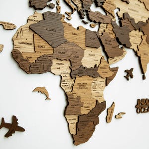 Wooden World Map in MDF With Oak Veneer - Rustic Wall Art, Handmade ...