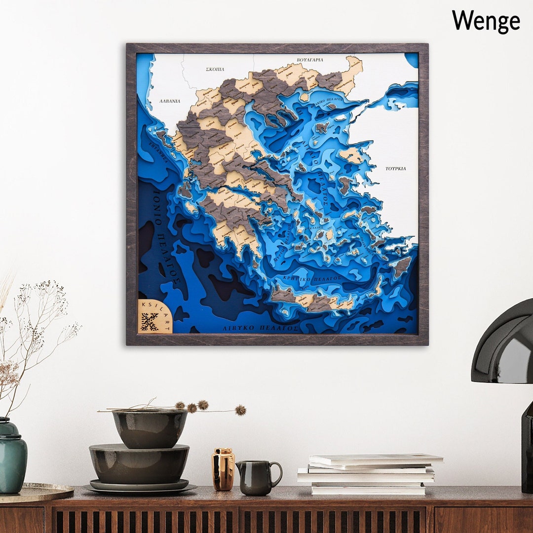 Bathymetric Wooden Map of Greece, Layered Map 50x50x3,5 Cm, Handmade ...