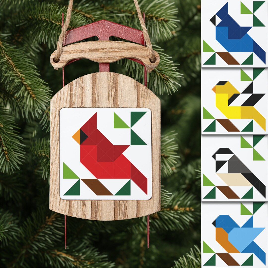 Songbird Quilt Block Sled Ornament, Winter Folk Art Christmas Decor ...