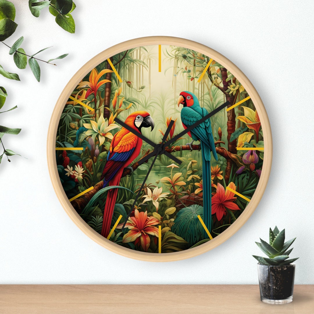 Tropical Paradise Clock | Floral Macaw Scene on Silent, Wooden Wall ...