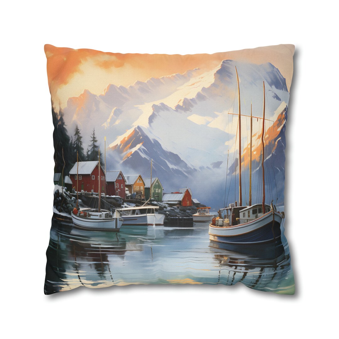 Alaskan Fishing Village Watercolor Square Pillow Cover, Zippered Case ...