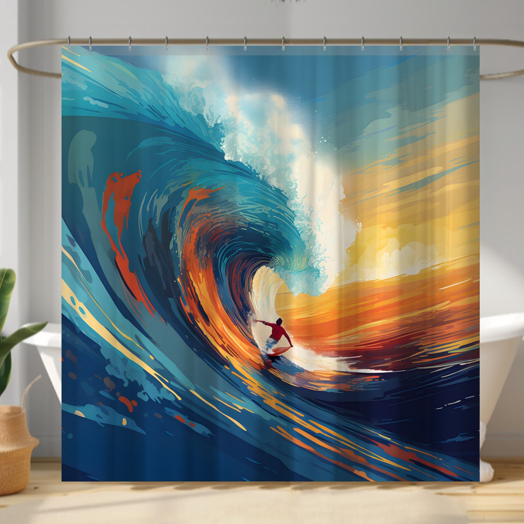Surfing the Monster Wave Shower Curtain, Ocean Vibe Bath Decor, Durable ...