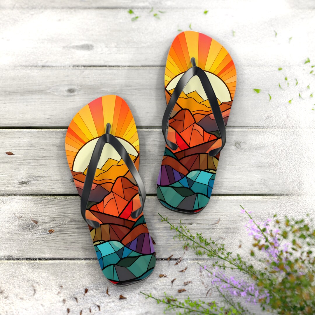 Stained Glass Mountain Sunset Flip Flops | Stylish Summer Sandals for ...