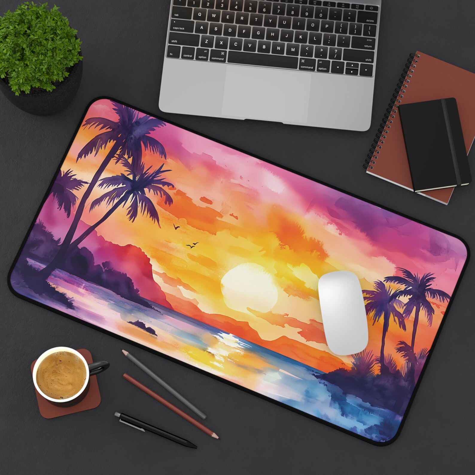 Tropical Island Sunset Watercolor Desk Mat, Neoprene Computer Pad ...