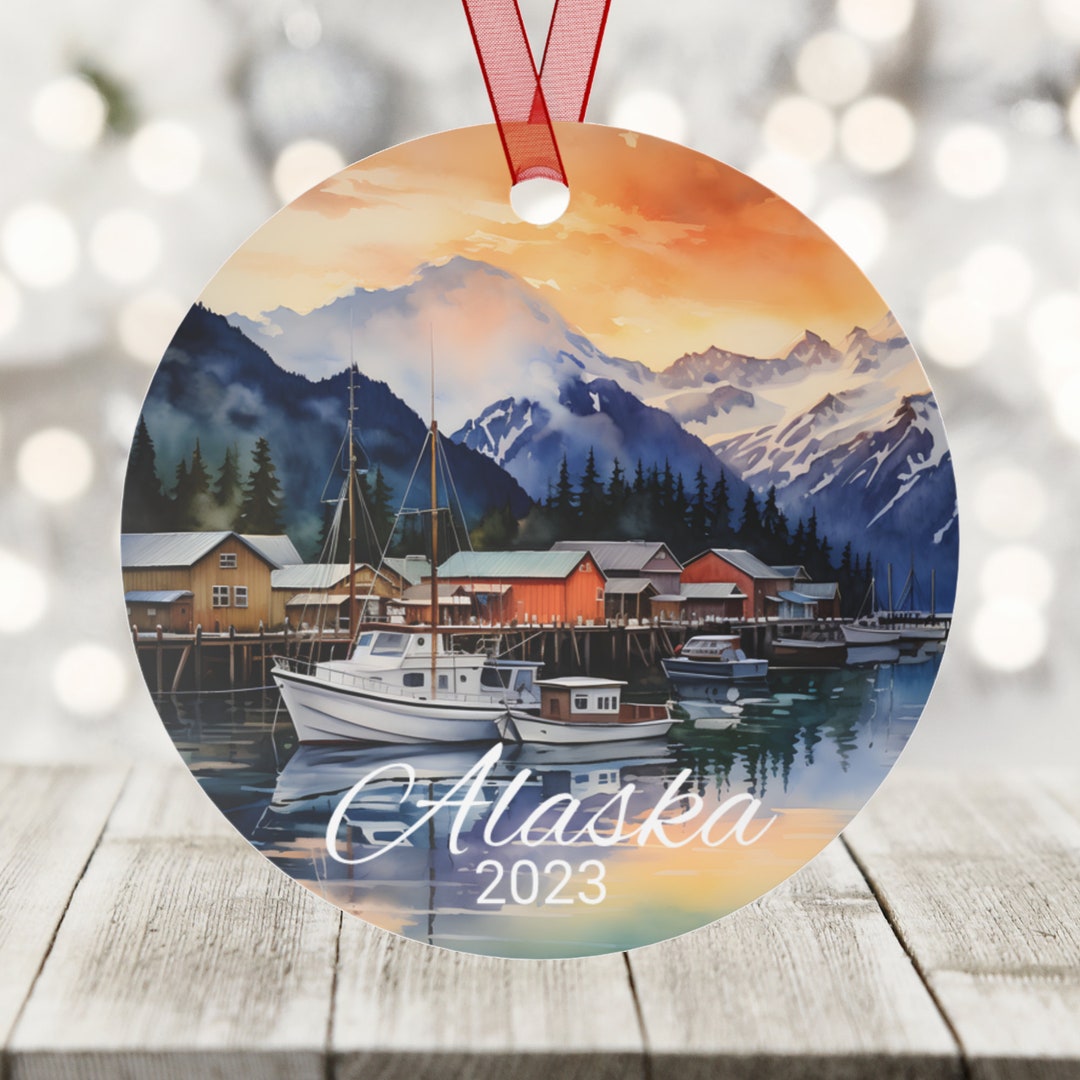PERSONALIZED Alaska Fjord Fishing Village Metal Christmas Ornament ...
