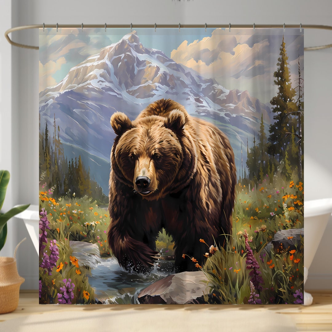 Grizzly Bear Shower Curtain, Watercolor Outdoorsy Wildlife Bath Decor ...