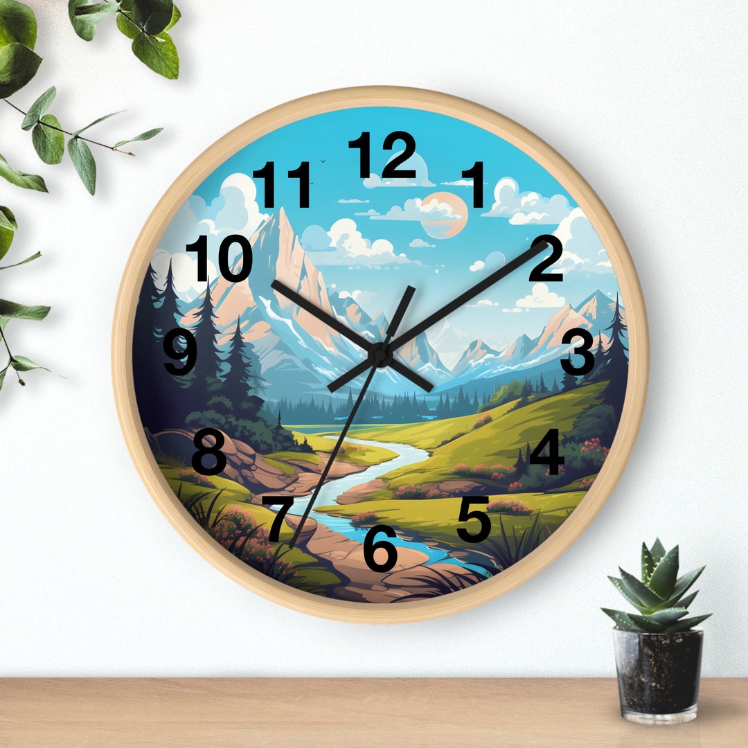 Mountain River Landscape Clock | Silent Wooden Wall Clock | Clock for ...