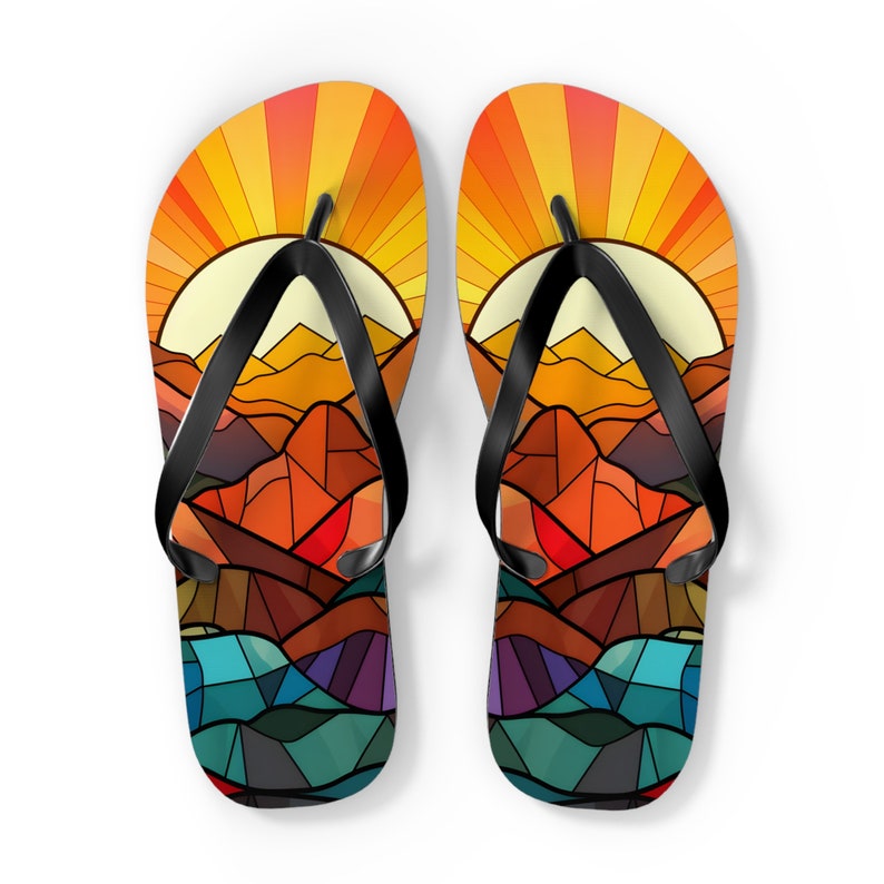Stained Glass Mountain Sunset Flip Flops | Stylish Summer Sandals for ...