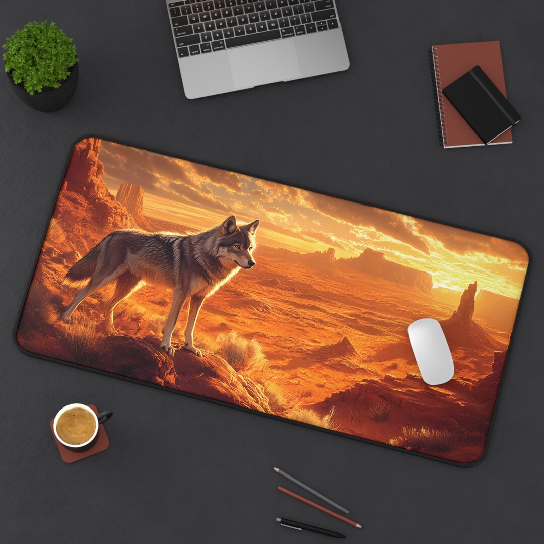 Desert Wolf Desk Mat, Neoprene Computer Pad Accessory, Watercolor ...