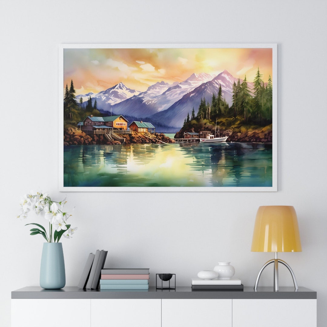 Alaskan Fishing Village Fjord Wall Art PRINTABLE | Large Watercolor ...