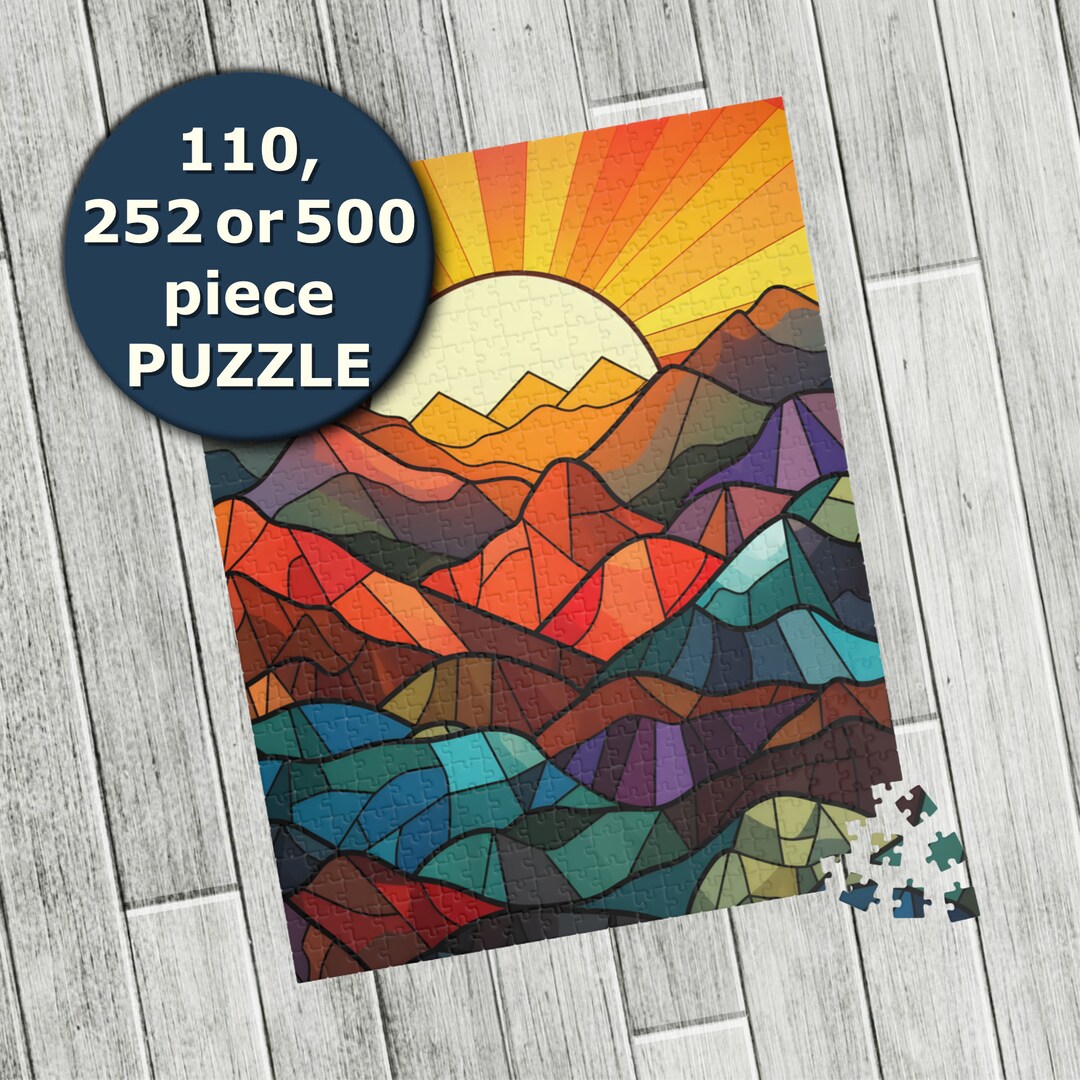 Stained Glass Mountain Sunrise Puzzle: Beautiful Outdoors Scene With ...