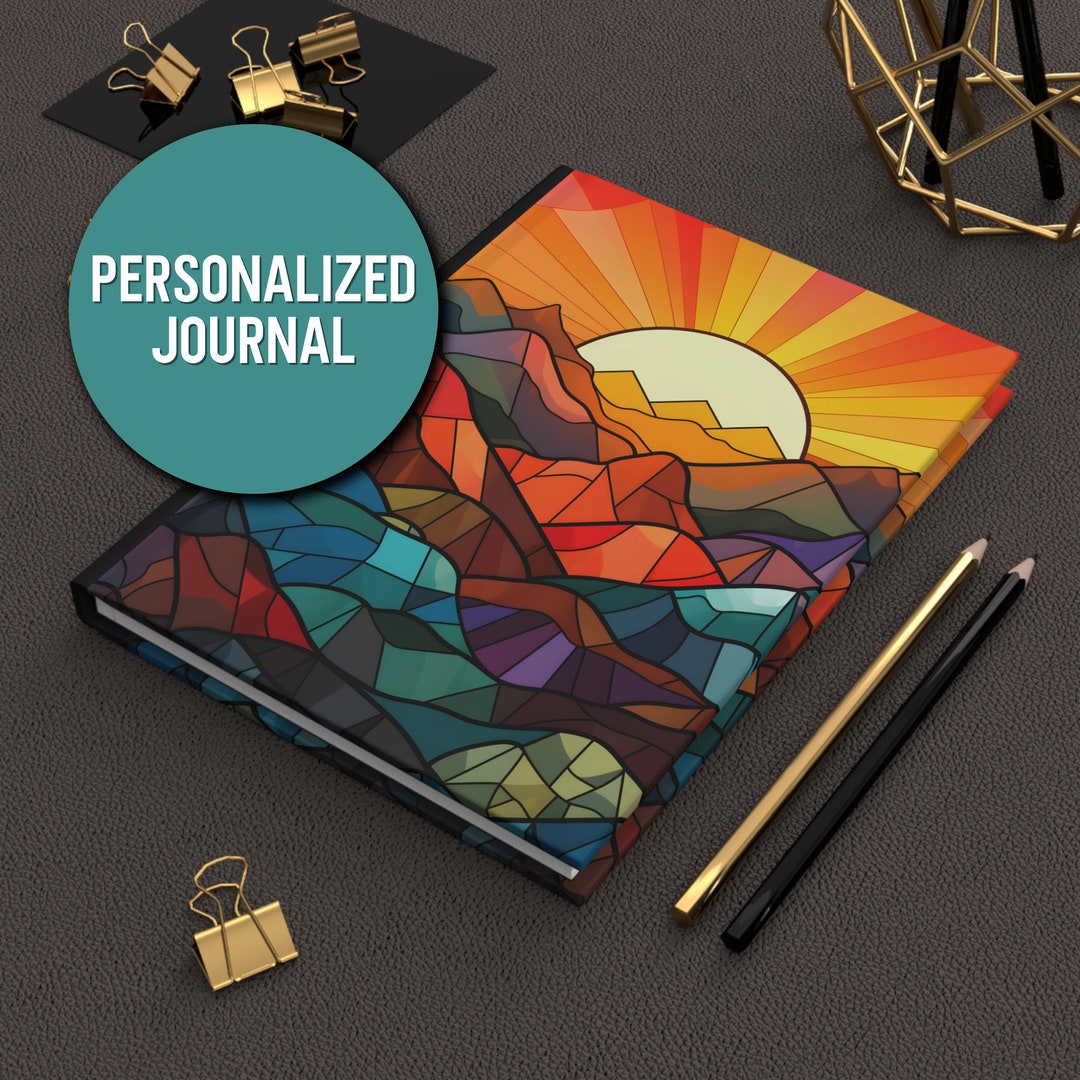 Personalized Mountain Sunset Journal With Colorful Stained Glass Design ...
