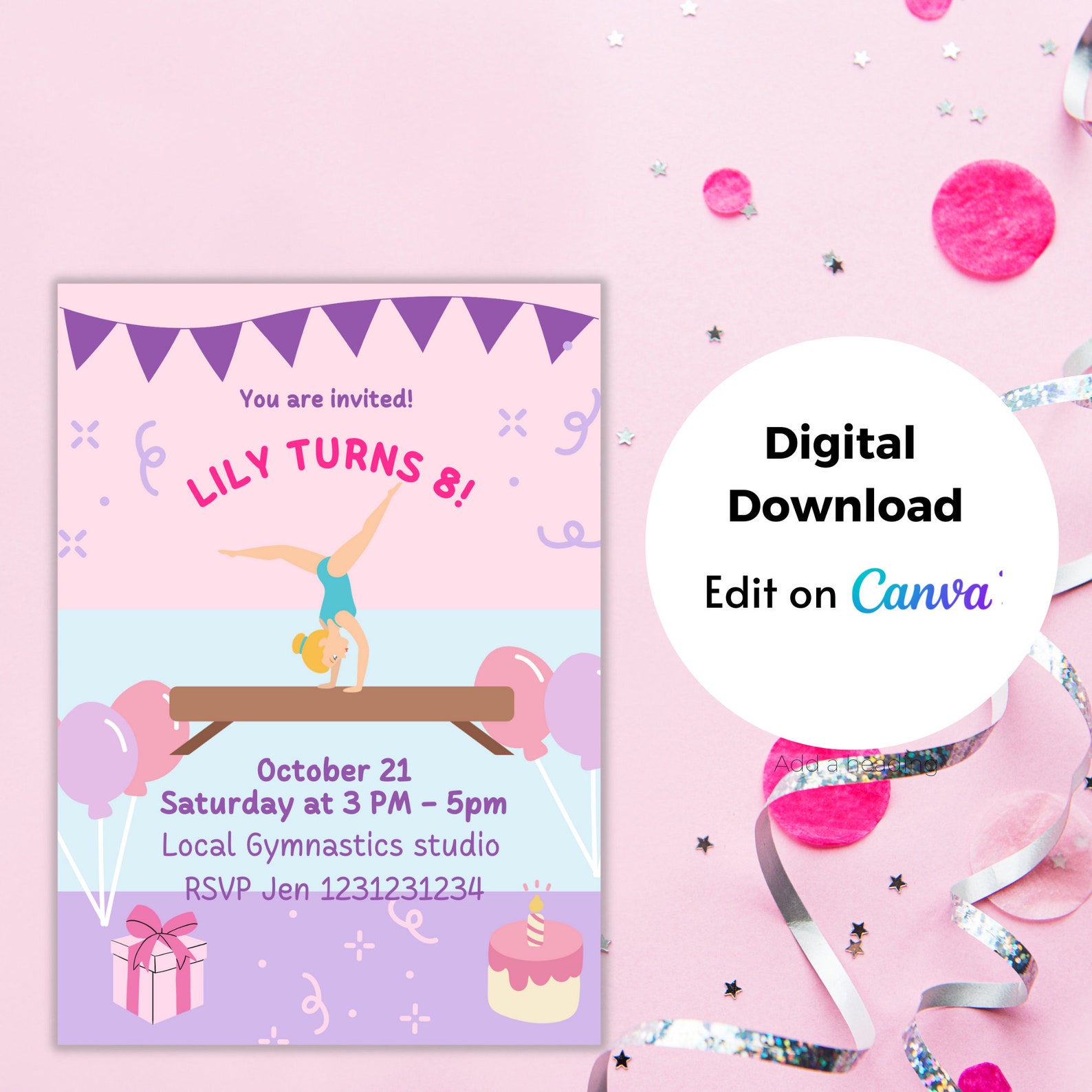 Kids Gymnastics Theme Birthday Party Invite Tumbling Birthday Party ...