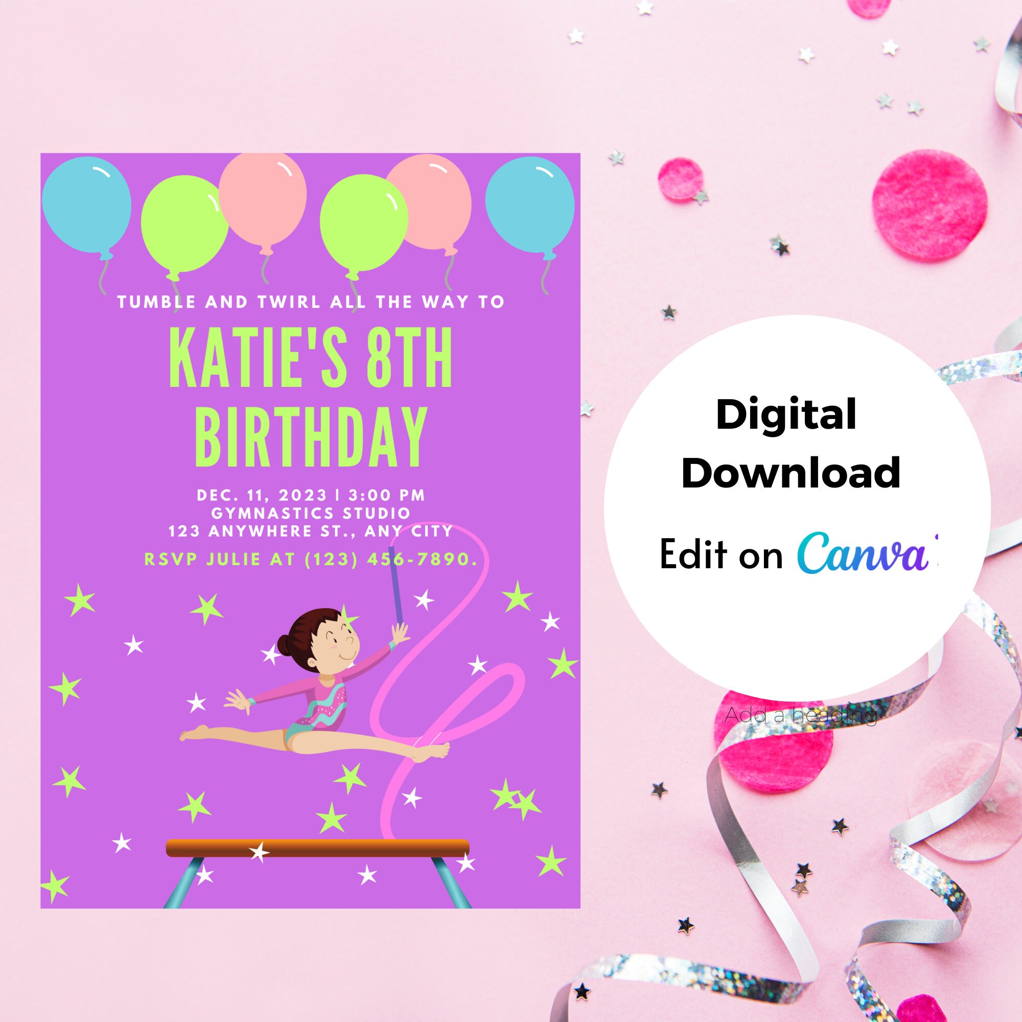 Gymnastics Birthday Party Invitation Tumbling Party Edit on - Etsy