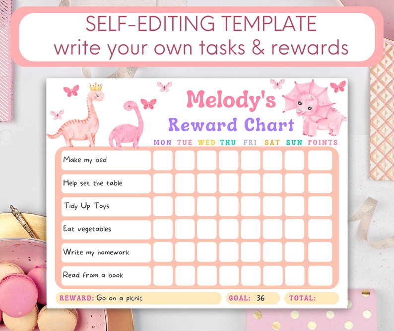 Girls Dinosaur Reward Chart Dino Chore Chart for Girls Pink Dinosaur ...