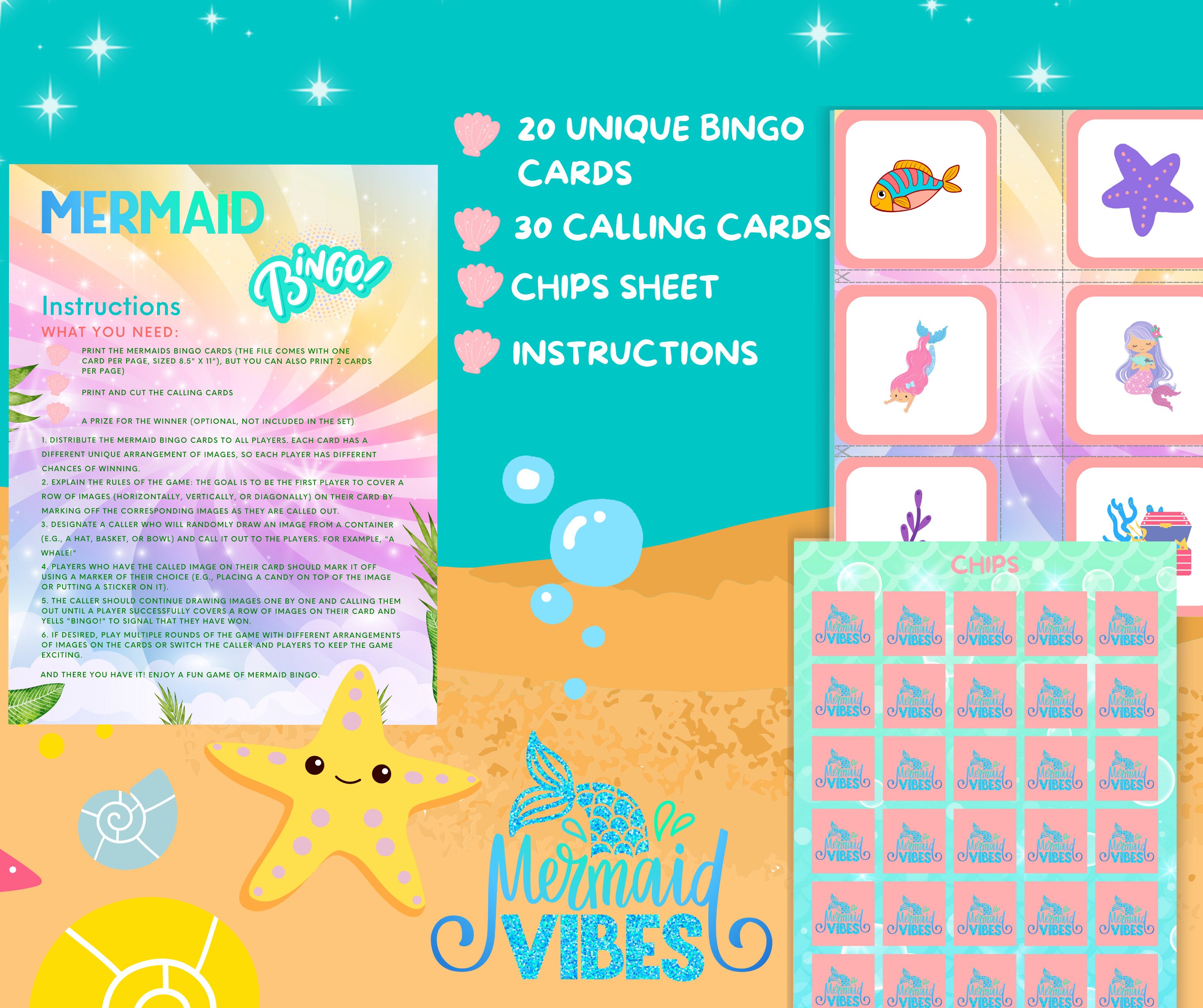 Mermaid Bingo Game Kids Mermaid Birthday Party Game Mermaids Party ...