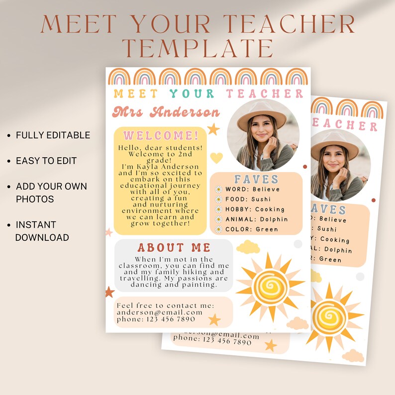 Meet the Teacher Editable Template Teacher Boho Rainbow Teacher Canva ...