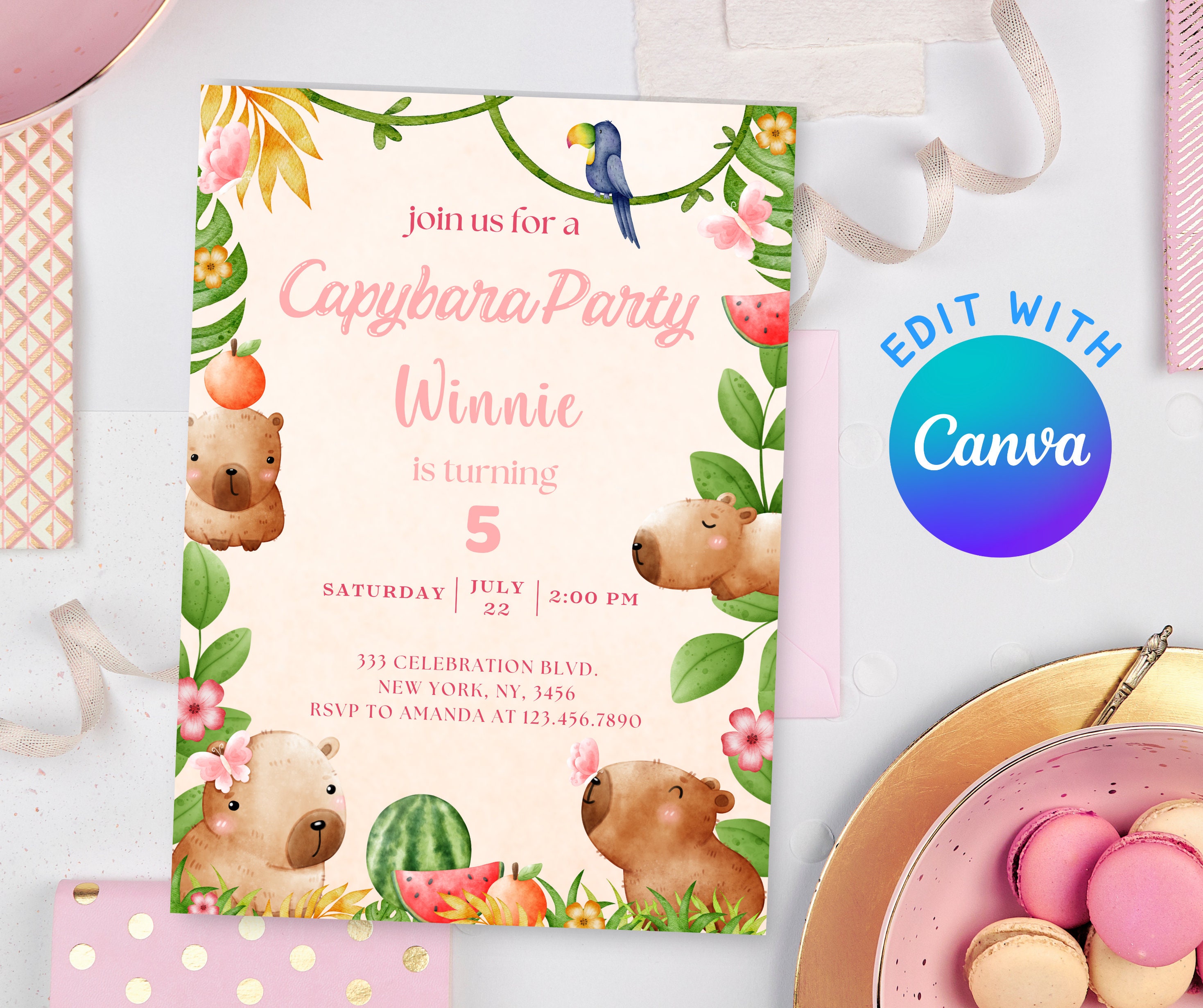 Capybara Birthday Invitation Editable Capybara Party Invite Capybara ...