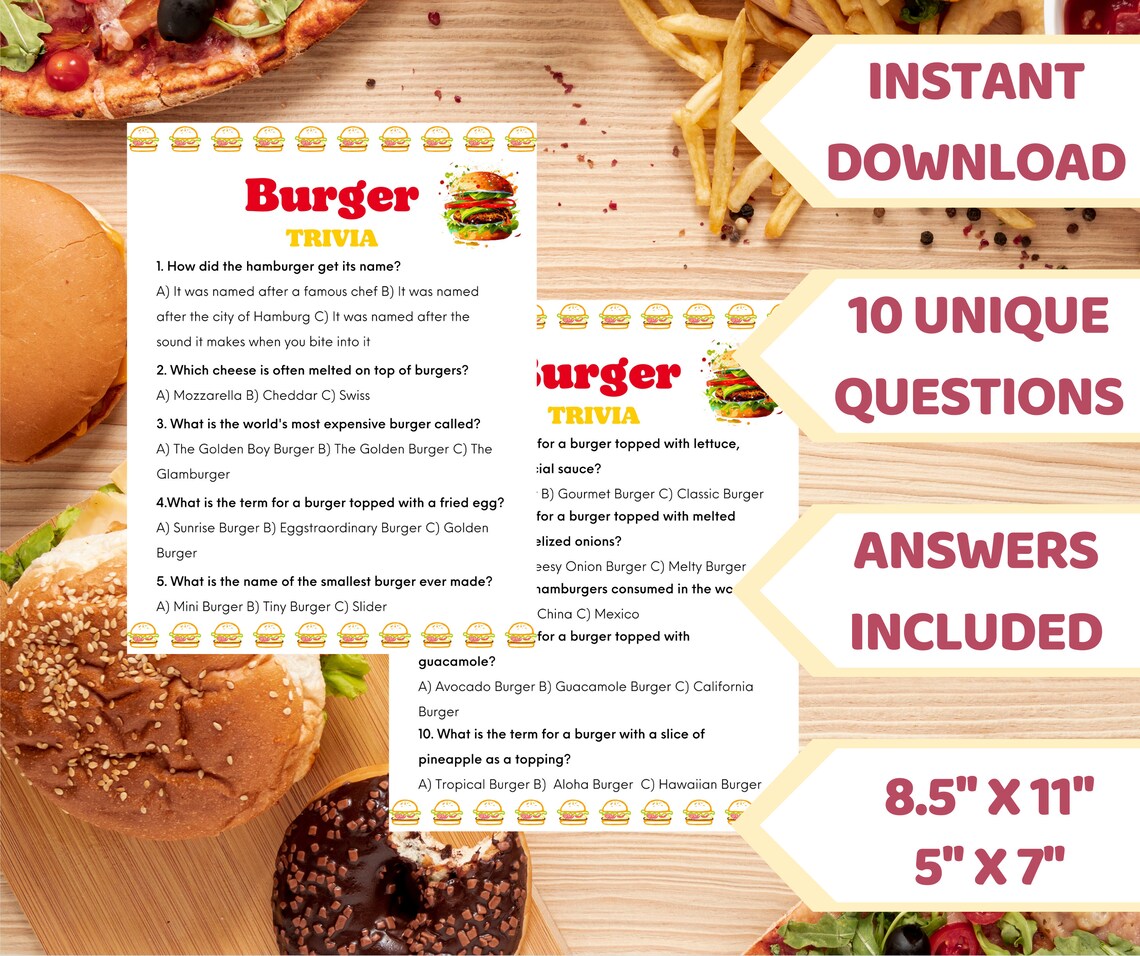 Burger Trivia Game Hamburger Birthday BBQ Baby Shower Games BBQ Party ...