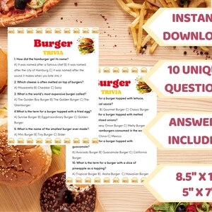 Burger Trivia Game Hamburger Birthday BBQ Baby Shower Games BBQ Party ...