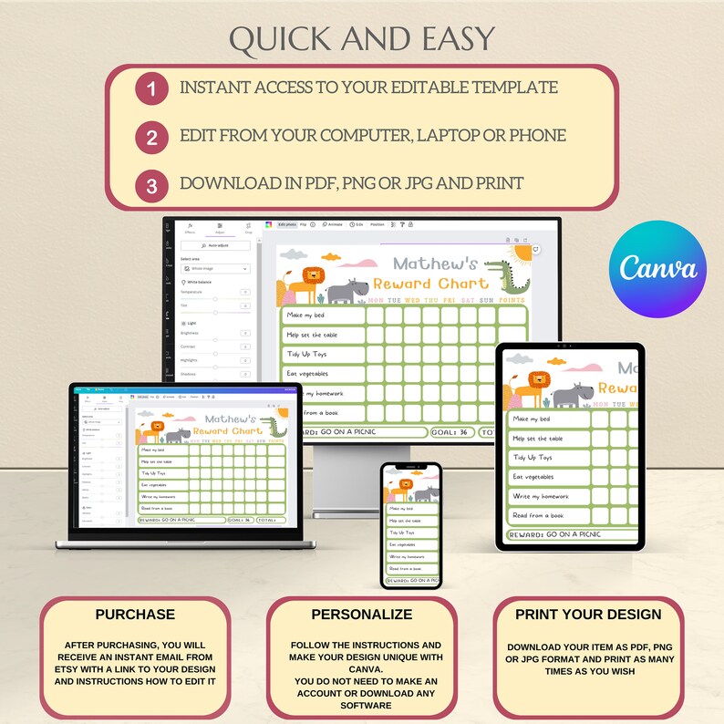 Editable Animals Reward Chart for Kids Daily Routine Chart Kids Chore ...