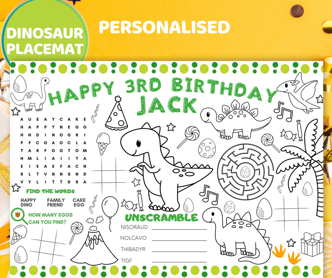 Dinosaurs Birthday Personalized Placemat Kids Birthday Game Dino Party ...