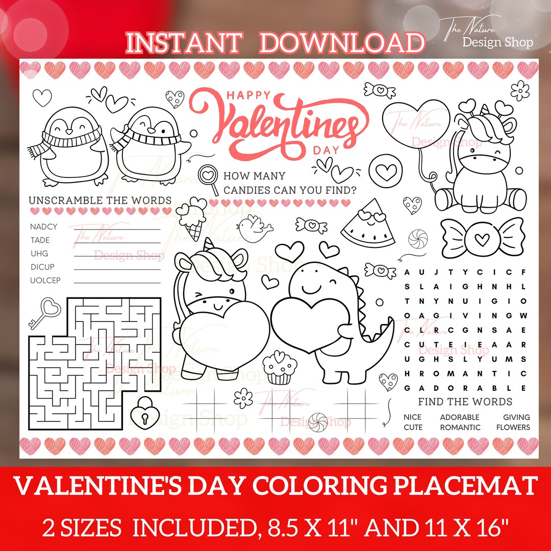 Valentines Coloring Placemat Valentines Coloring Sheet Valentine ...