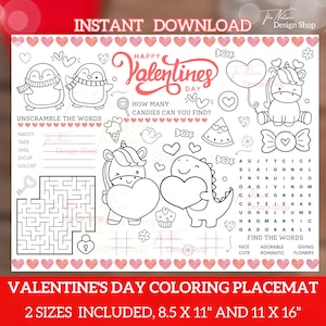 Valentines Coloring Placemat Valentines Coloring Sheet Valentine ...