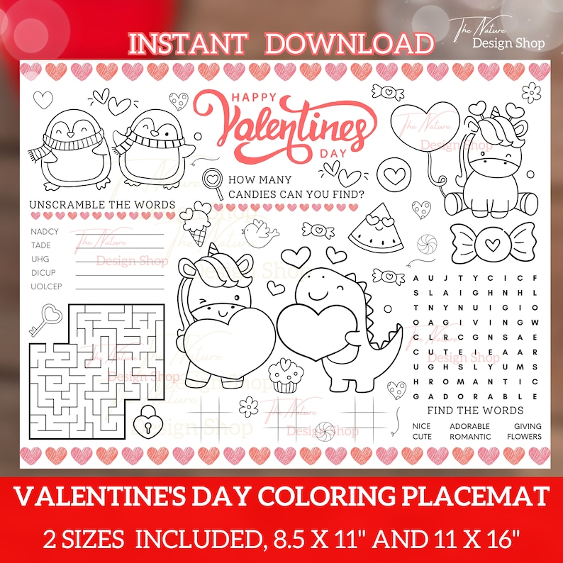 Valentines Coloring Placemat Valentines Coloring Sheet Valentine ...